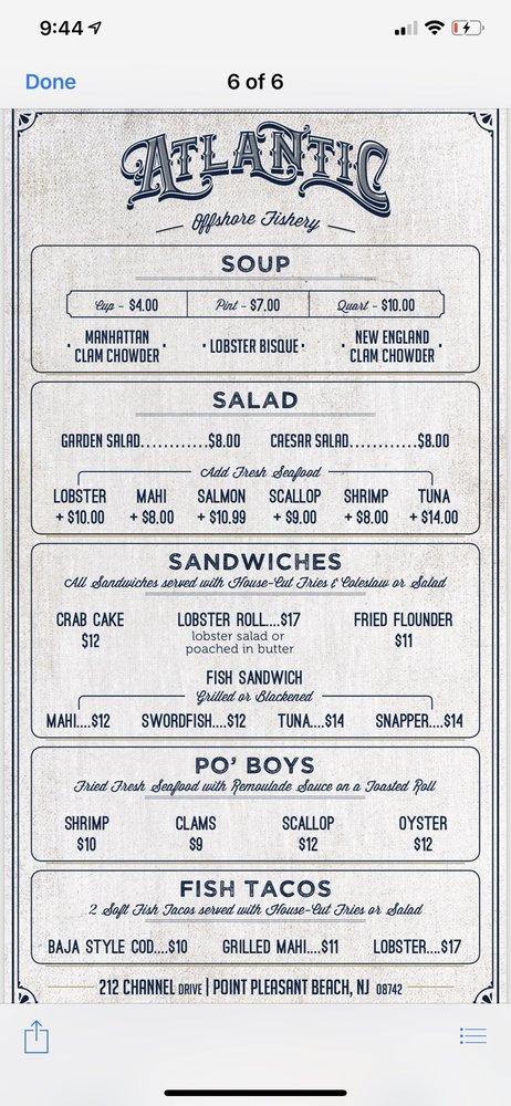 Menu at Atlantic Offshore Fishery restaurant, Point Pleasant Beach