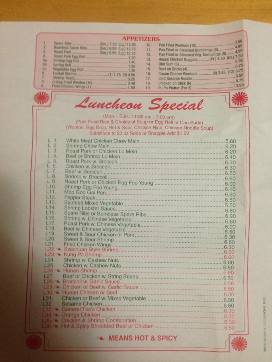Menu at Chung Hing Chinese Food restaurant, West Babylon