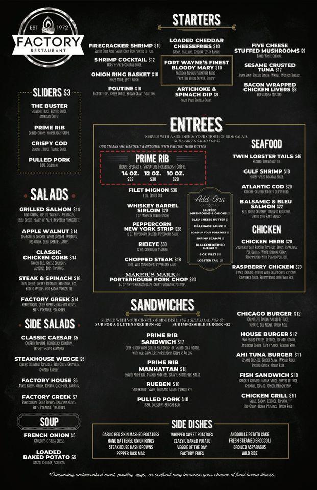 Menu at Don Hall's Factory Restaurant, Fort Wayne