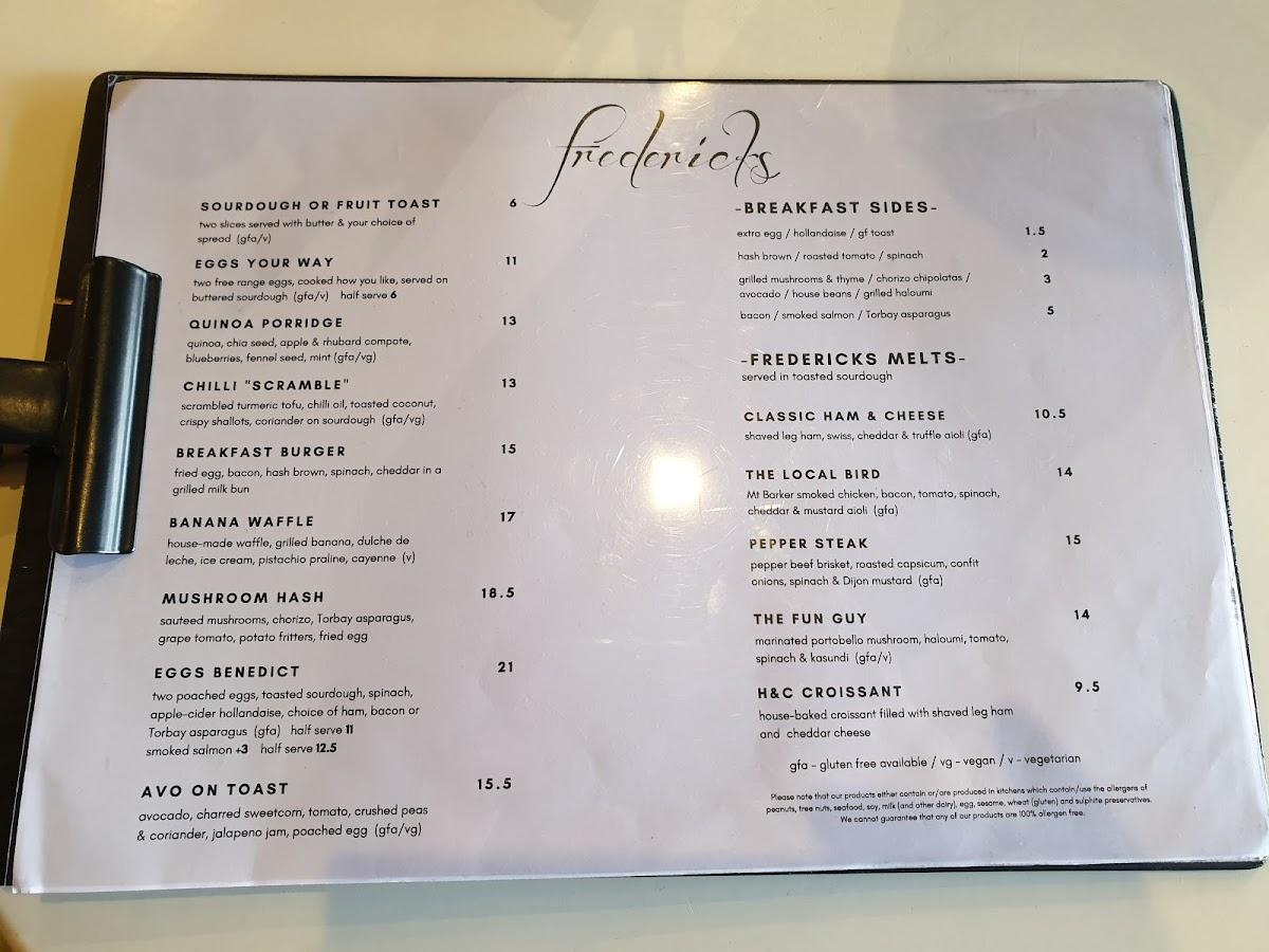 Menu at Frederick's Café cafe, Albany