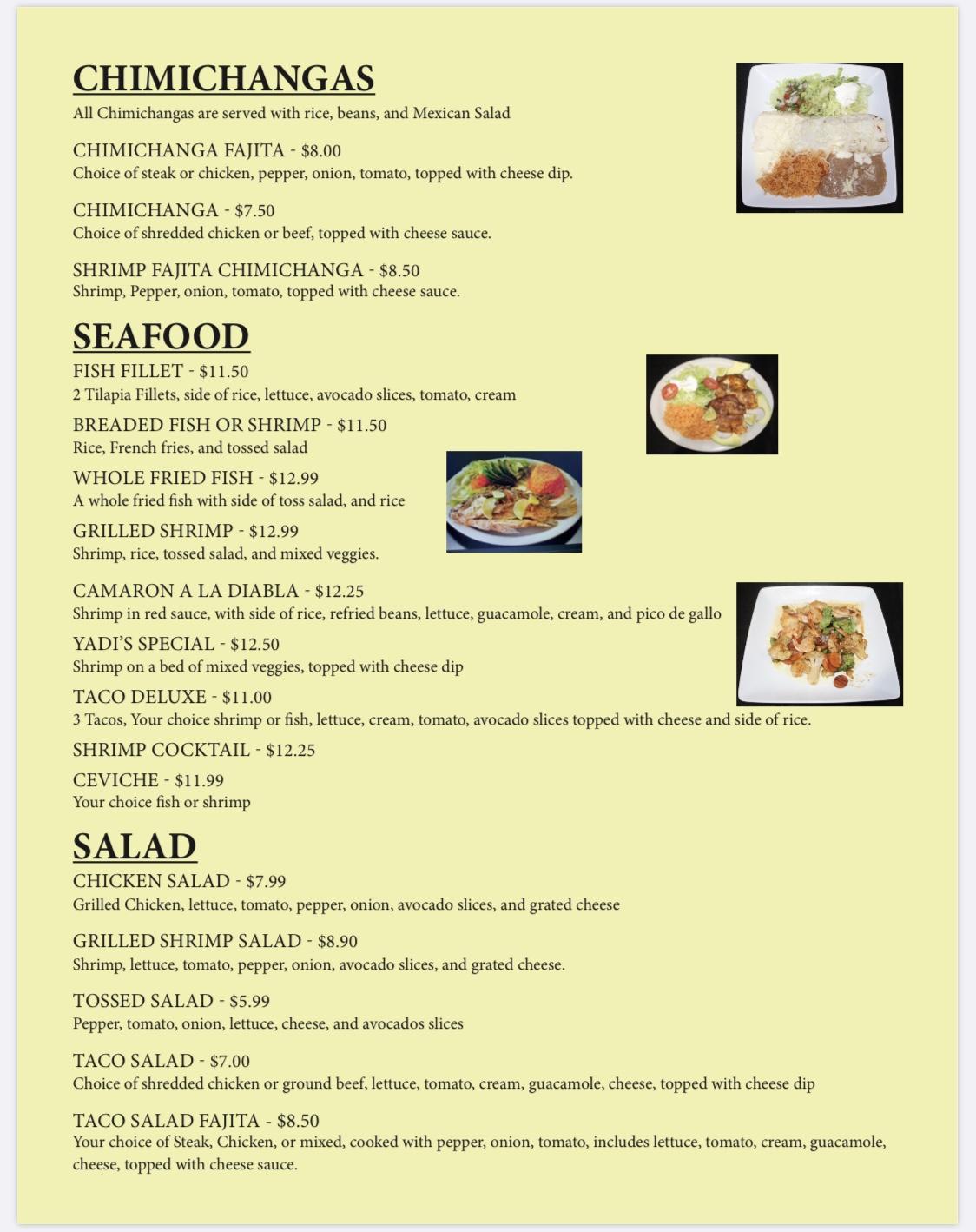 Menu at La Cascada Authentic Mexican Restaurant, Bernie