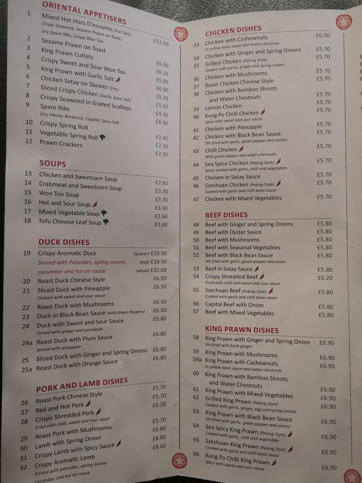 Menu at Oriental Chef fast food, Glastonbury