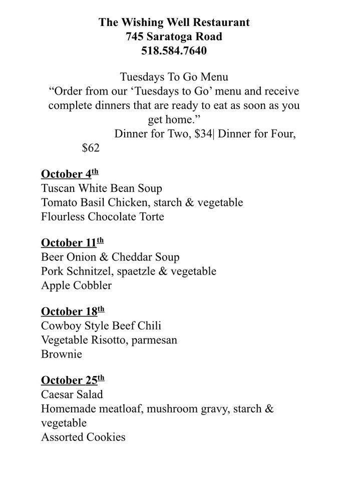Menu at The Wishing Well pub & bar, USA