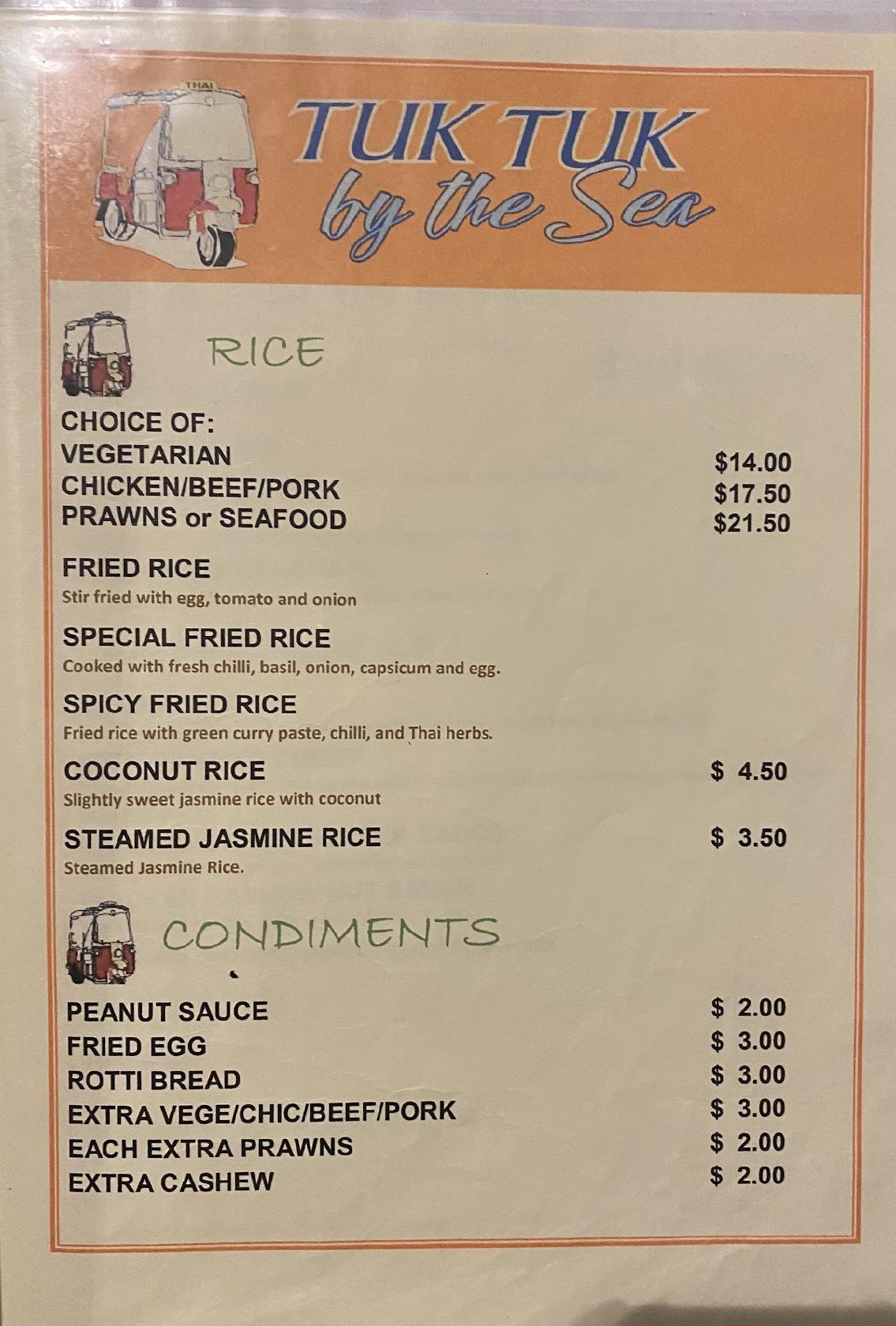 Menu at Tuk Tuk By The Sea restaurant, Trinity Beach