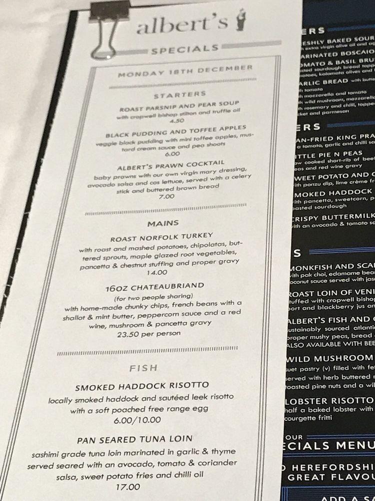 Menu at Albert's Shed, Castlefield restaurant, Manchester