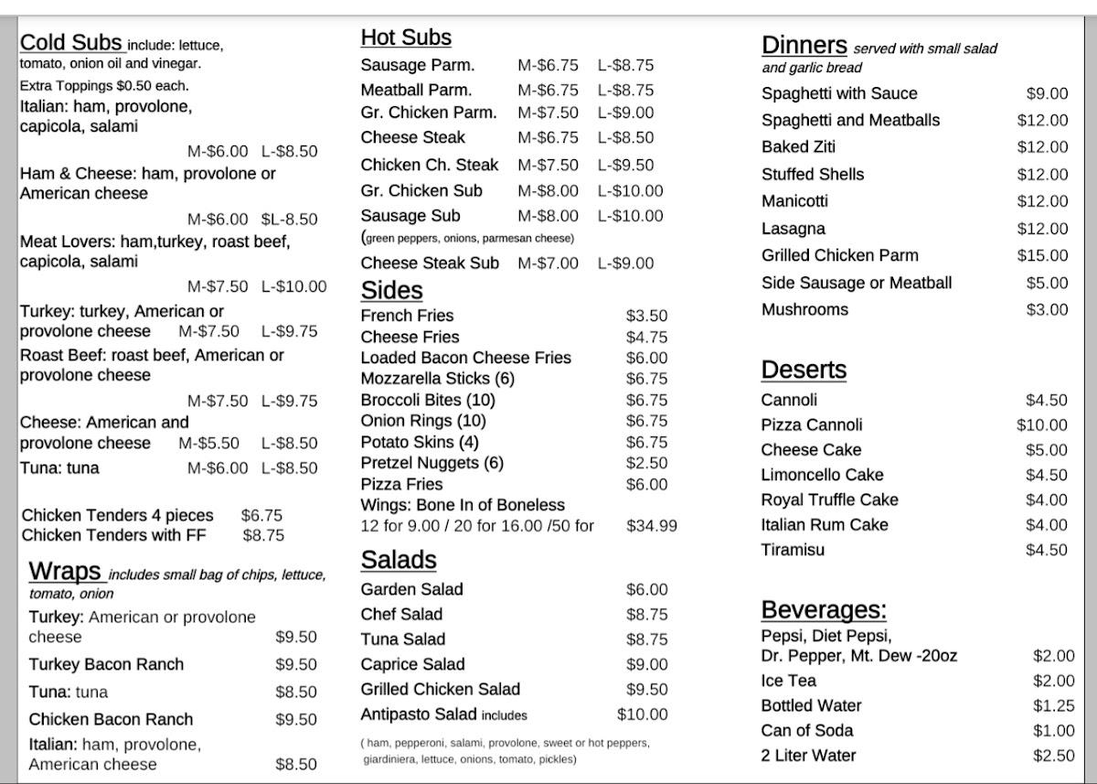 Menu at Delizia's Pizza pizzeria, Long Neck