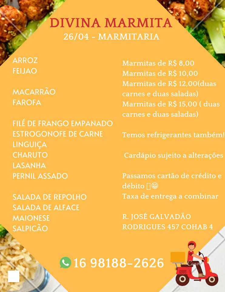 Carta del restaurante Divina Marmita, Sertãozinho, R. José Gavaldão ...