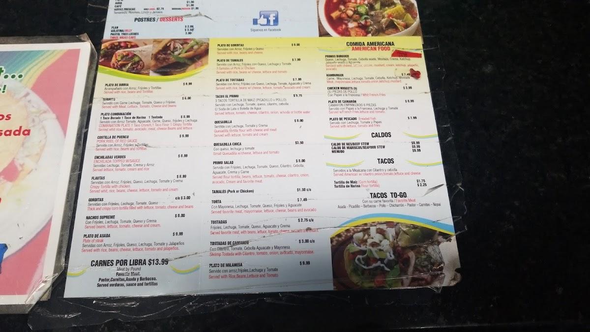 Menu at El Primo Taqueria restaurant, Bradenton