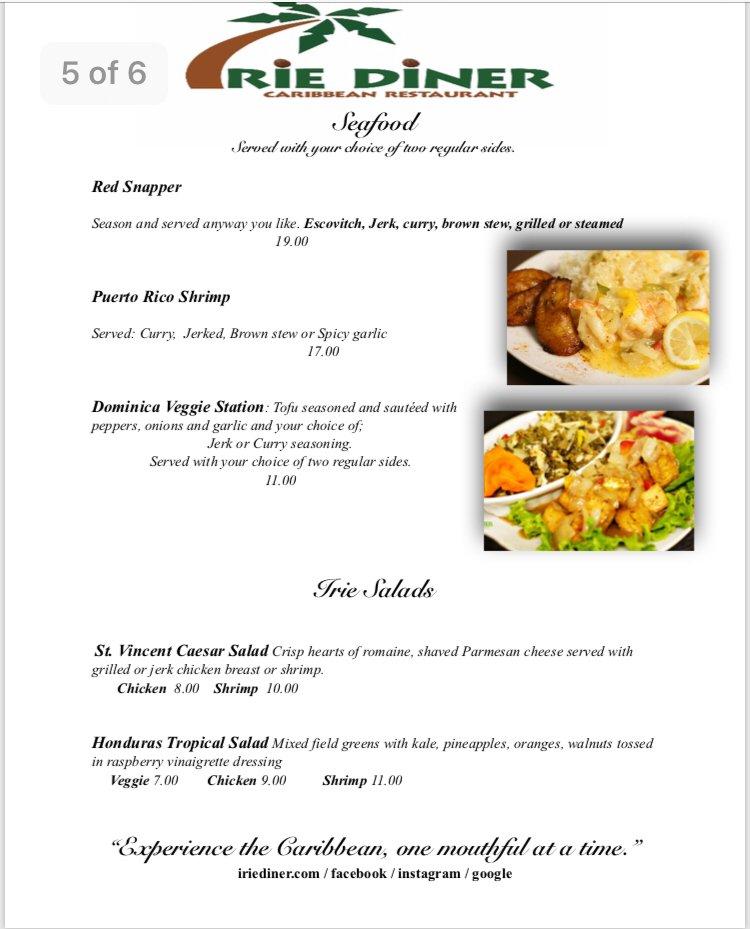Menu at Irie Diner Caribbean Restaurant, Orange Park