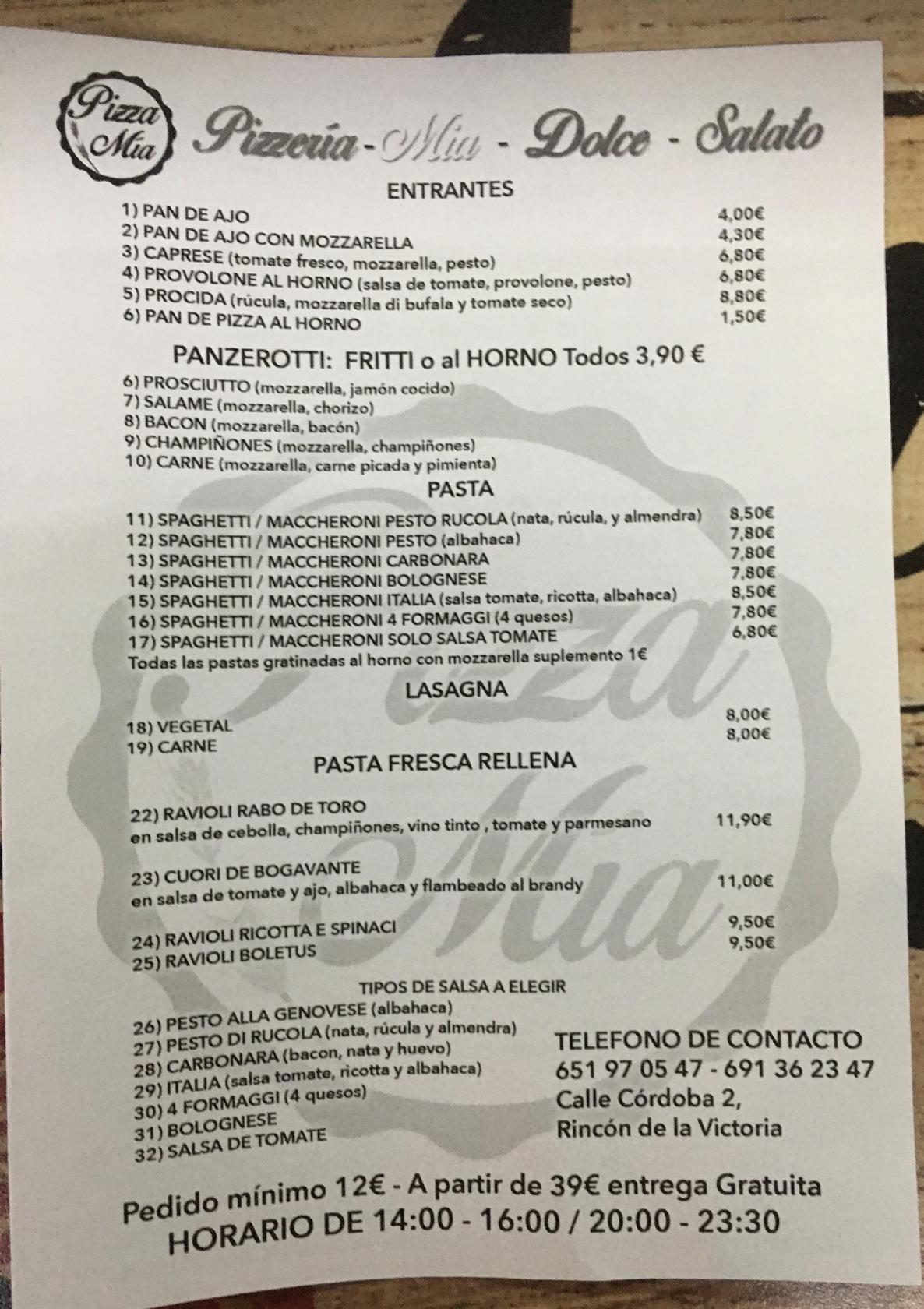 Menu at Pizza Mia Dolce&Salato restaurant, Rincón de la Victoria
