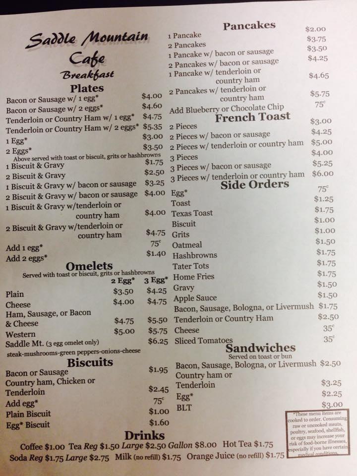 Menu at Saddle Mountain Cafe, USA