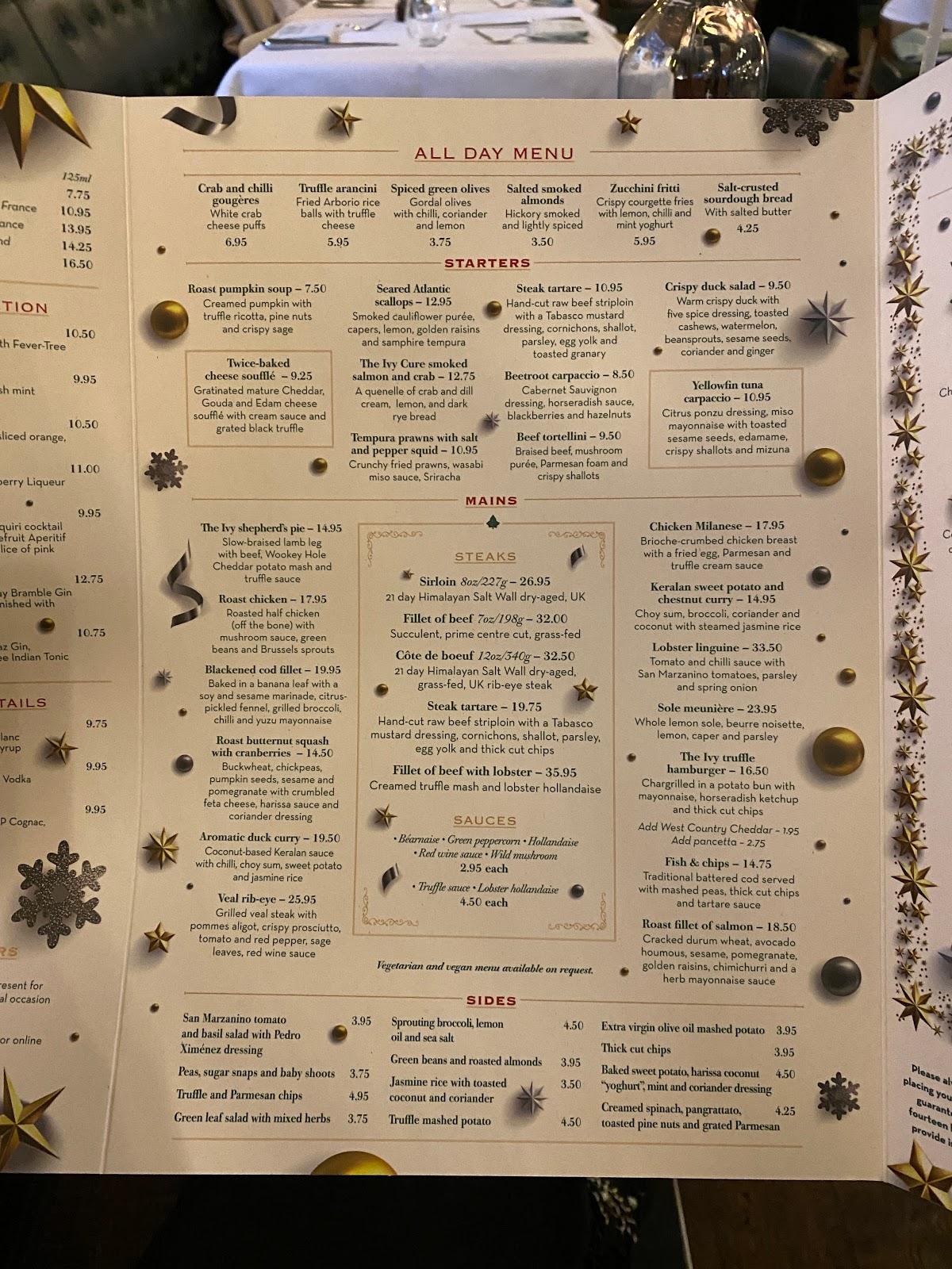 Menu at The Ivy Market Grill restaurant, London
