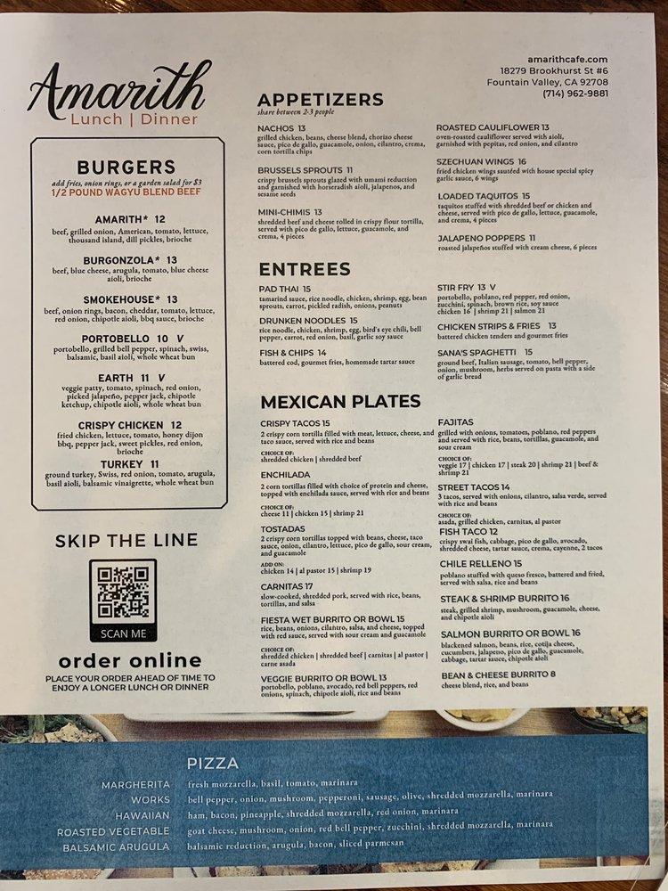 Carta de Amarith Farmhouse - Restaurant & Pie Shoppe, Fountain Valley