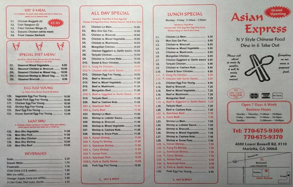 Menu at Asian Express restaurant, Atlanta, Lower Roswell Rd #110