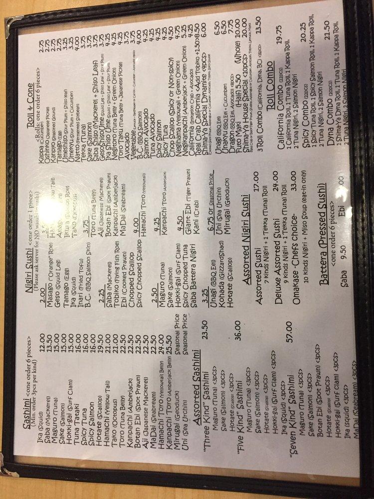 Menu at Shima-Ya Sushi restaurant, Vancouver