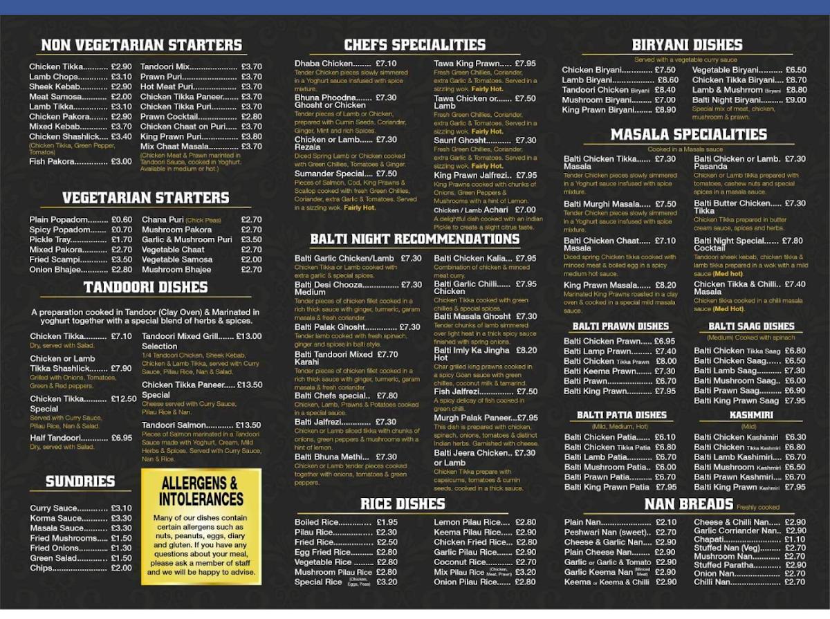 Menu at The Balti Night restaurant, Coalville
