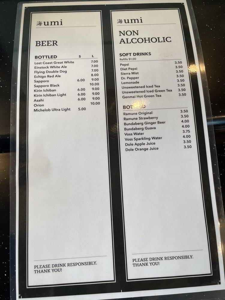 Menu at Umi Sushi & Sake restaurant, Morro Bay