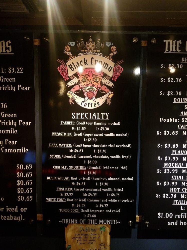 Menu at Black Crown Coffee Company cafe, Tucson