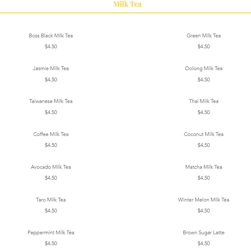 Menu at Boss Tea, Tulsa