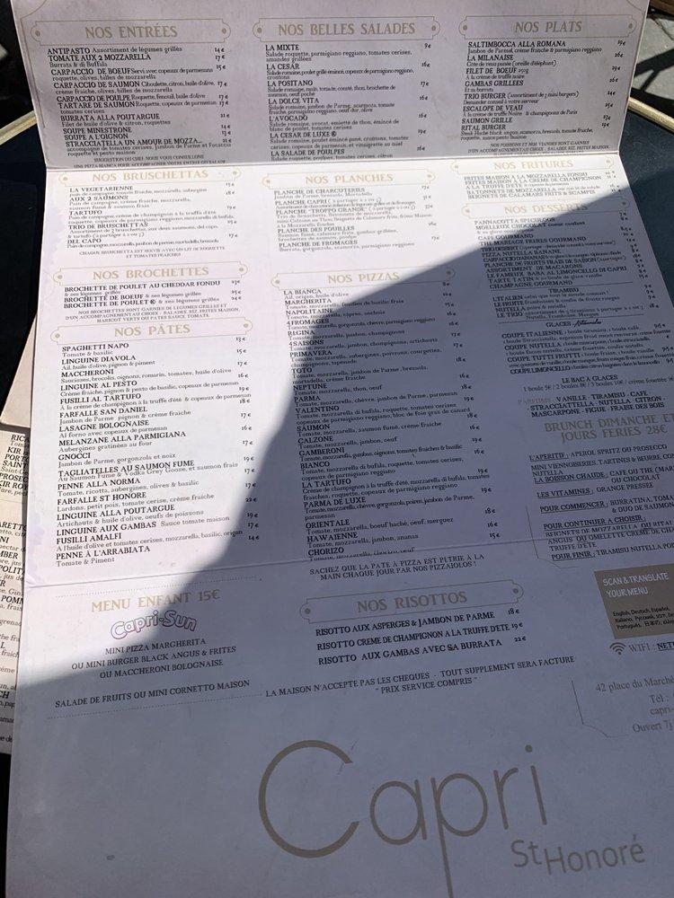 Menu at Capri Saint-Honoré restaurant, Paris, 42 Pl. du Marché Saint-Honoré
