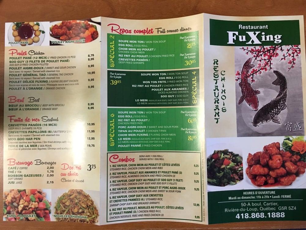 Menu au Restaurant Fu Xing, Rivière-du-Loup