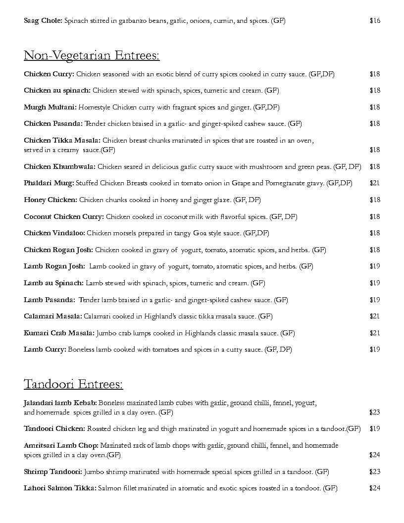 Menu at Highlands Indian Cuisine restaurant, Highlands Ranch