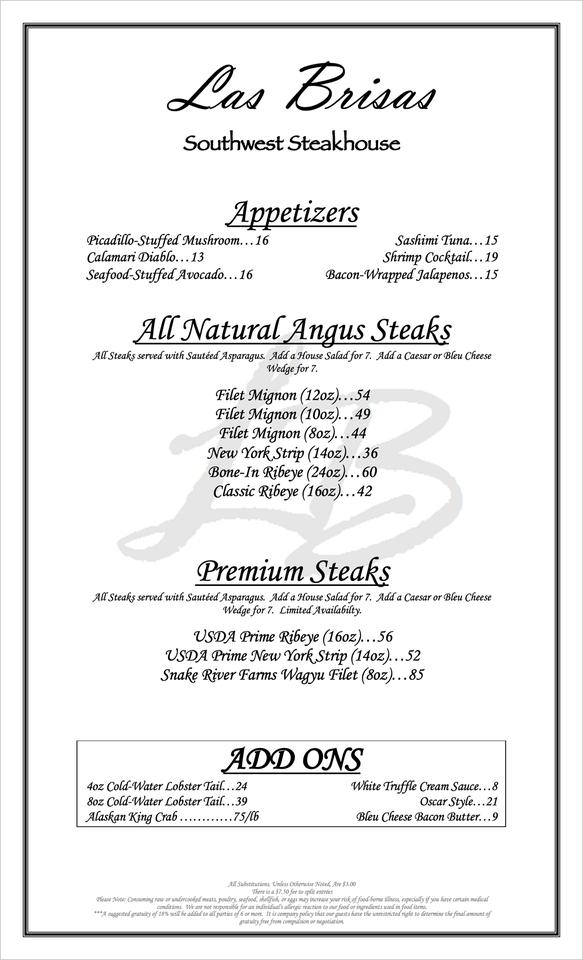 Menu at Las Brisas steakhouse, Lubbock