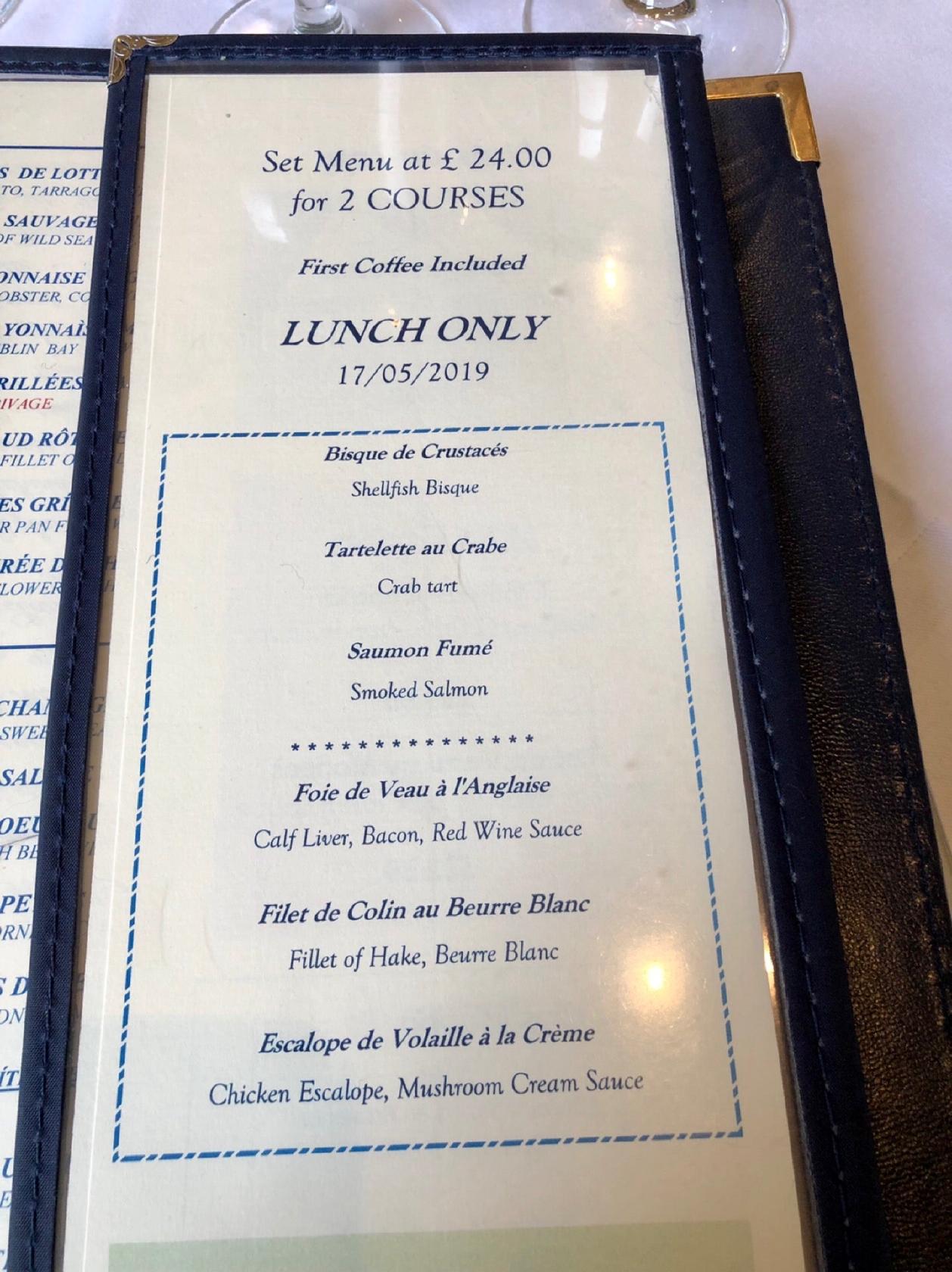 Menu at Le Colombier restaurant, London