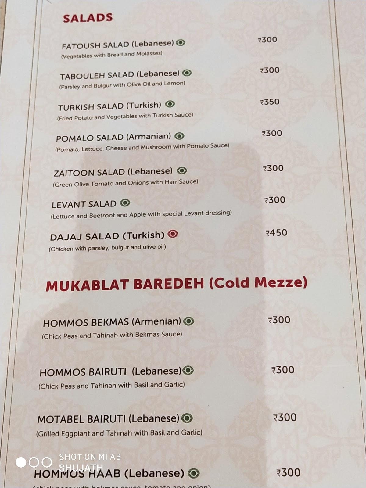 Menu at Levant Turkish Restaurant, Hyderabad