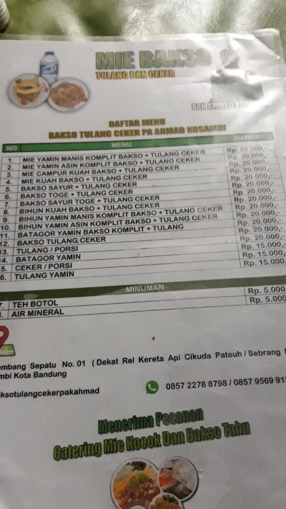 Menu at Mr. Ahmad Mie Bakso Ceker Tulang Kosambi restaurant, Bandung