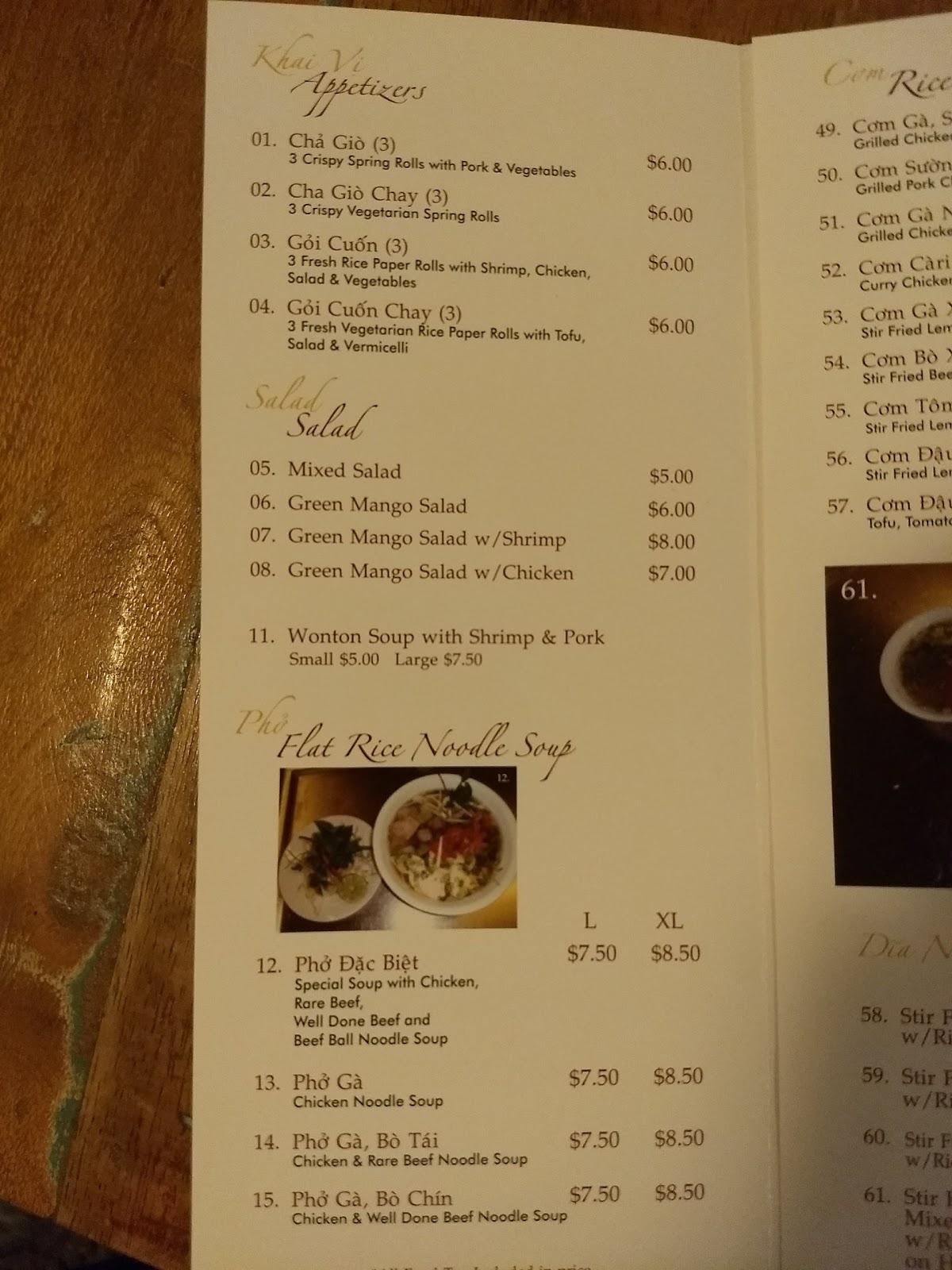 Menu at Pho Rang Dong restaurant, Toronto