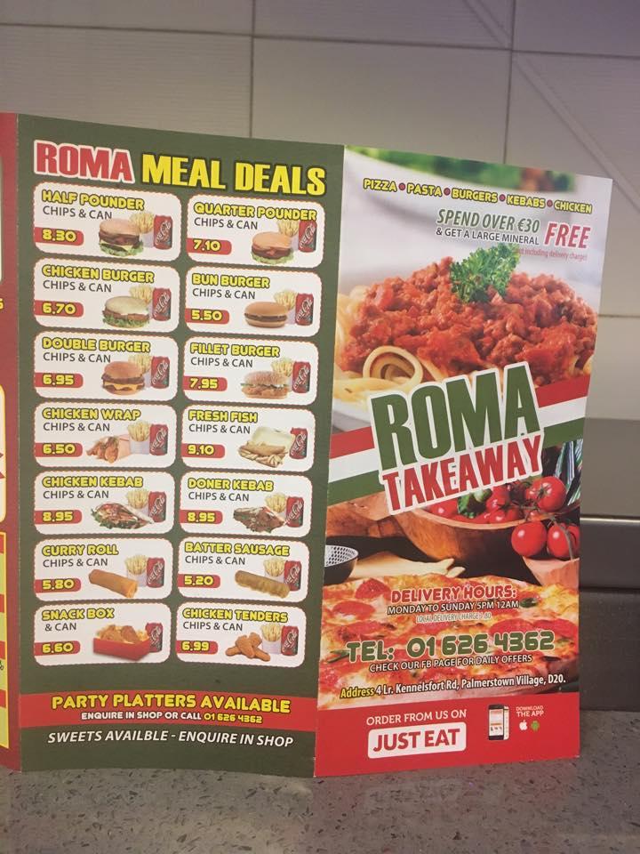 Menu at ROMA TAKEAWAY fast food, Dublin, 4 Kennelsfort Rd Lower