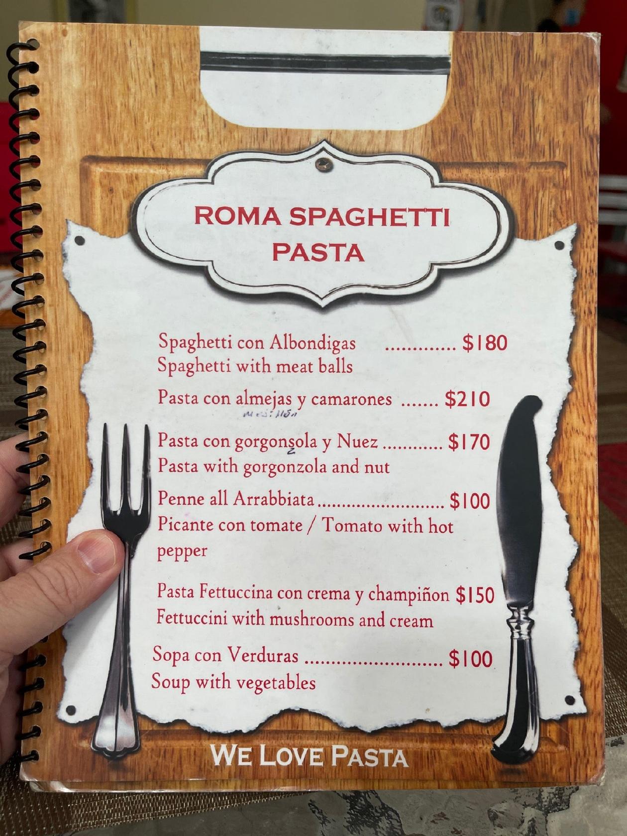 Menu at Roma Spaghetti restaurant, Playa del Carmen