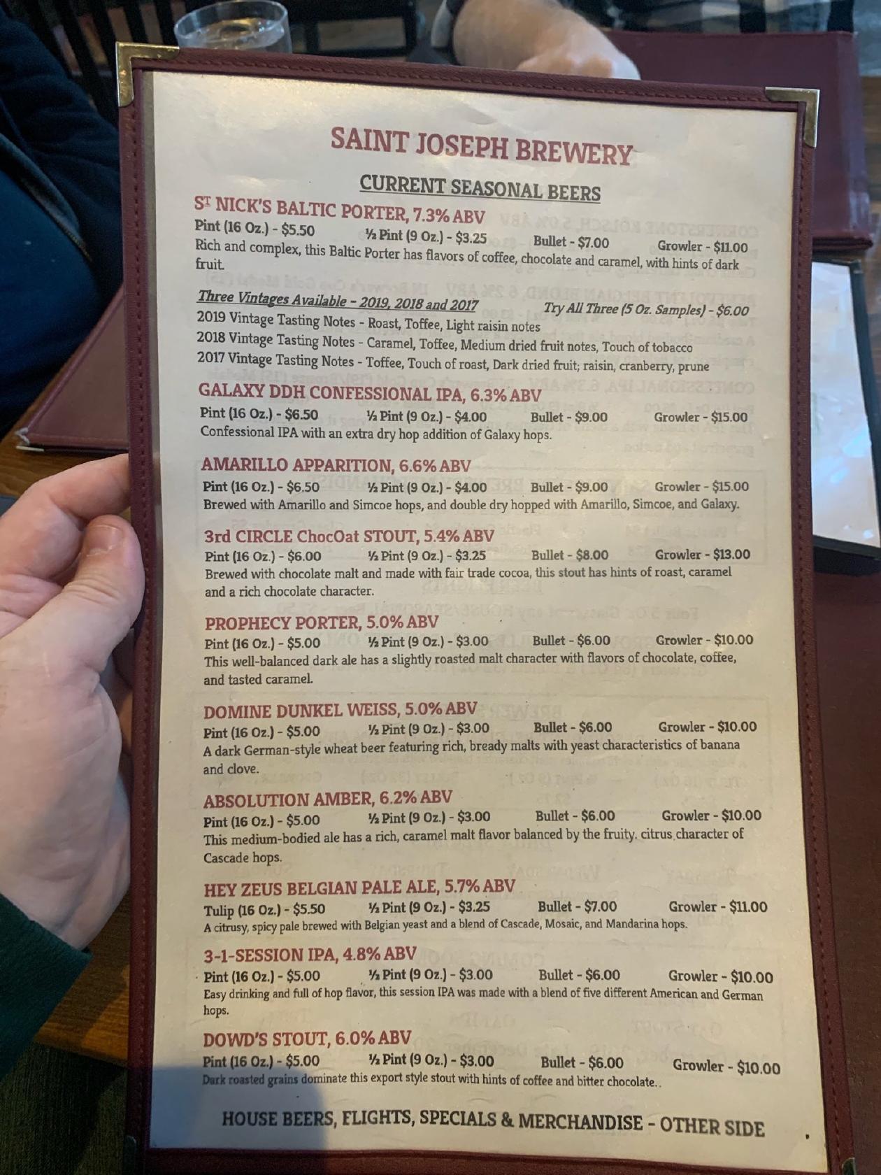 Menu at St. Joseph Brewery pub & bar, Indianapolis