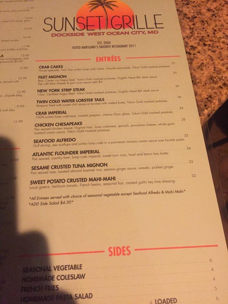 Menu at Sunset Grille pub & bar, Ocean City, Sunset Ave