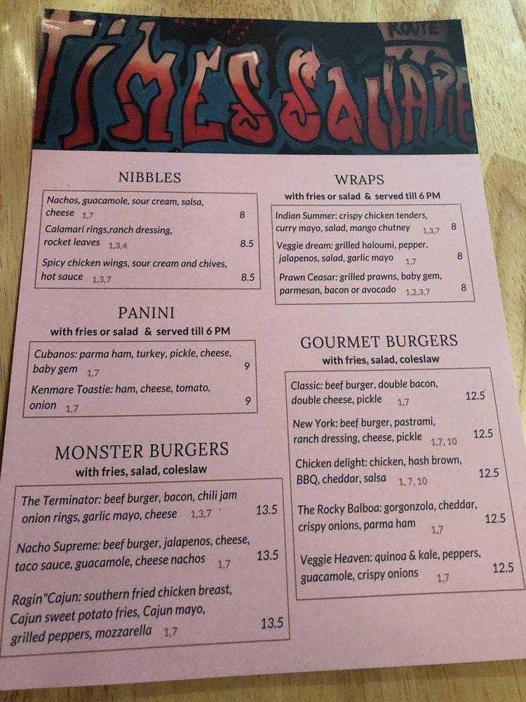 Menu at Times Square Burger restaurant, Kenmare