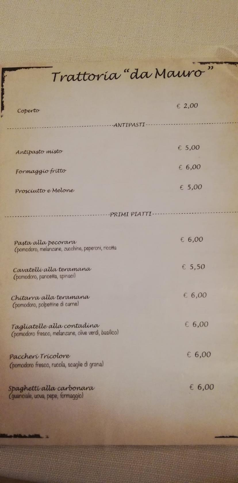 Menu da Trattoria Da Mauro Teramo ristorante, Teramo