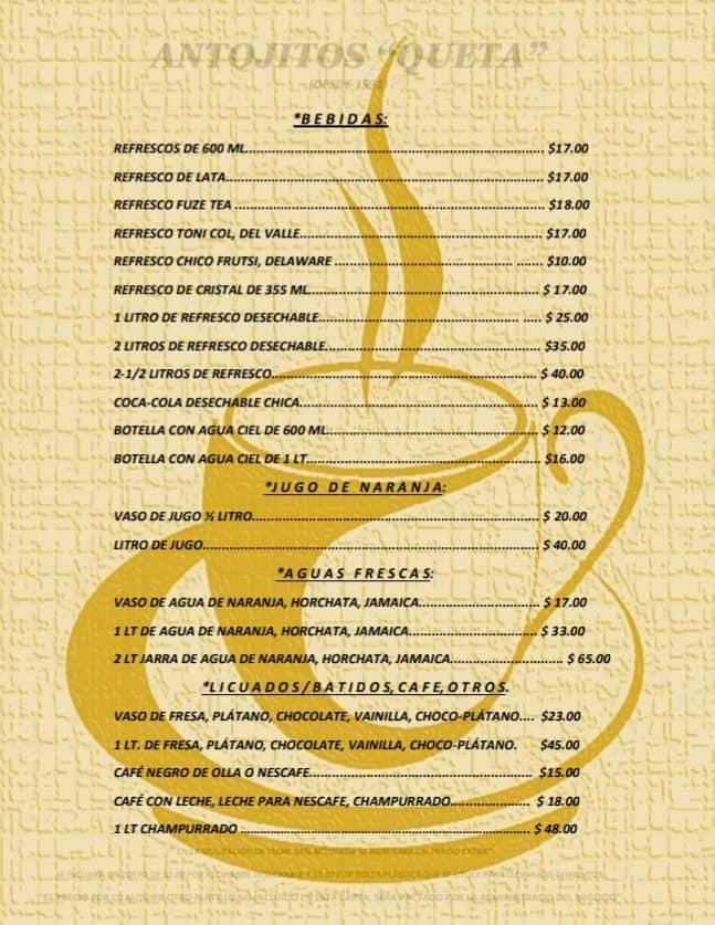 Menu at Antojitos Queta restaurant, Veracruz