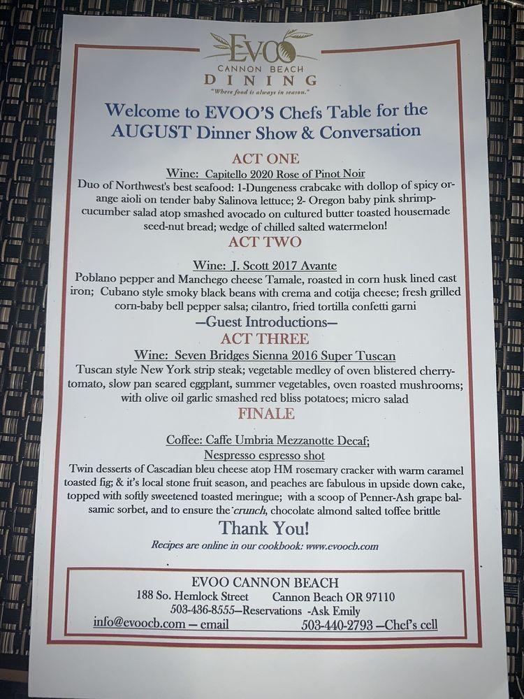 Menu at EVOO Dining Cannon Beach restaurant, Cannon Beach
