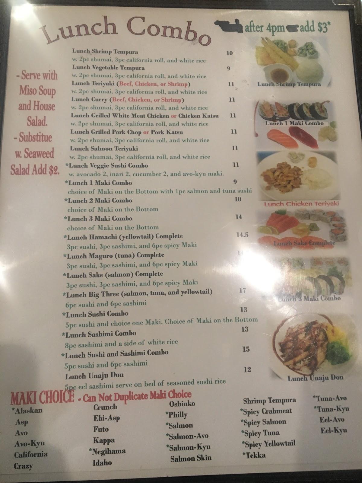 Menu at Irashai Sushi restaurant, Boston