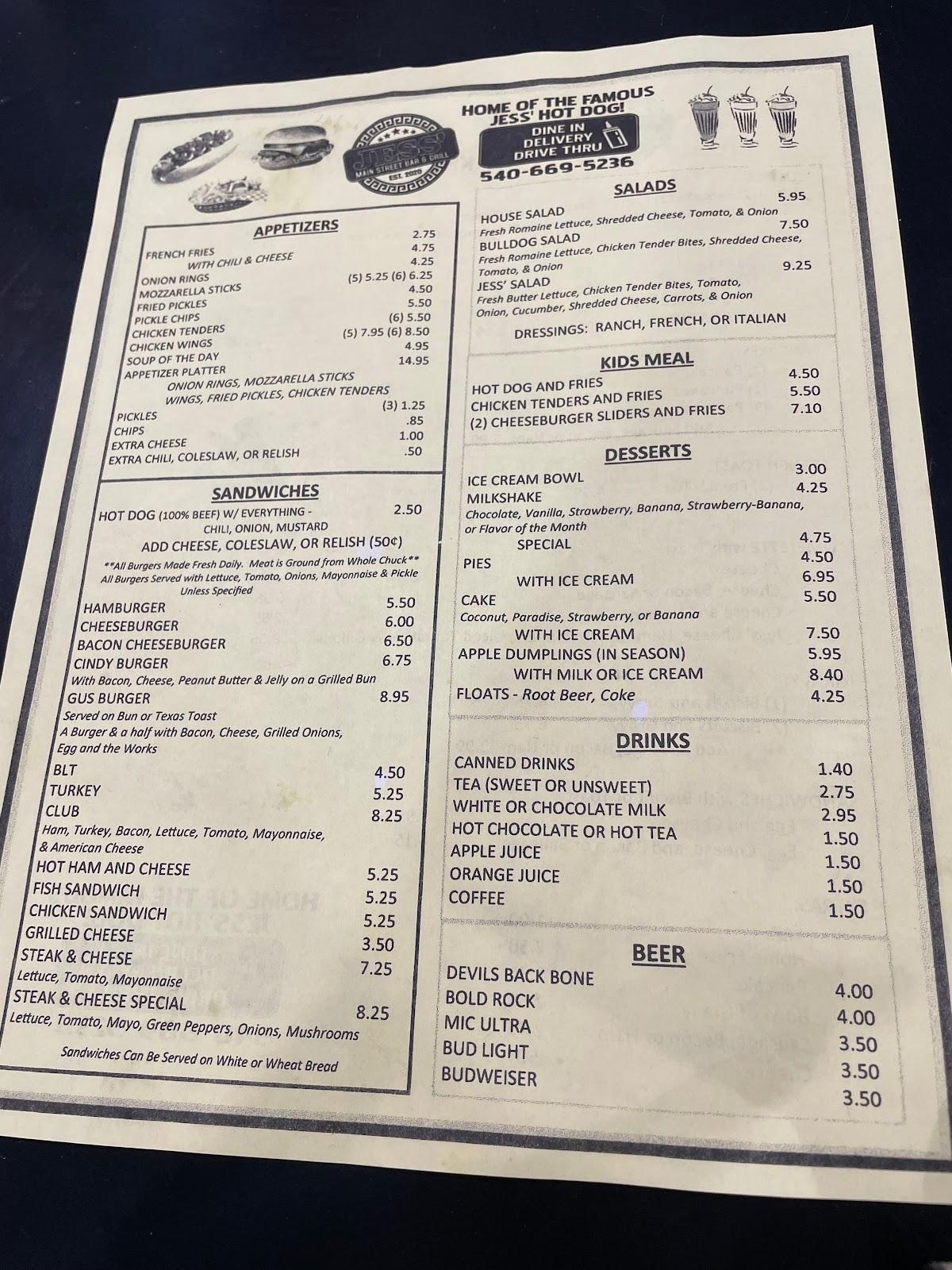 Menu at Jess' Main Street Bar and Grill, Luray