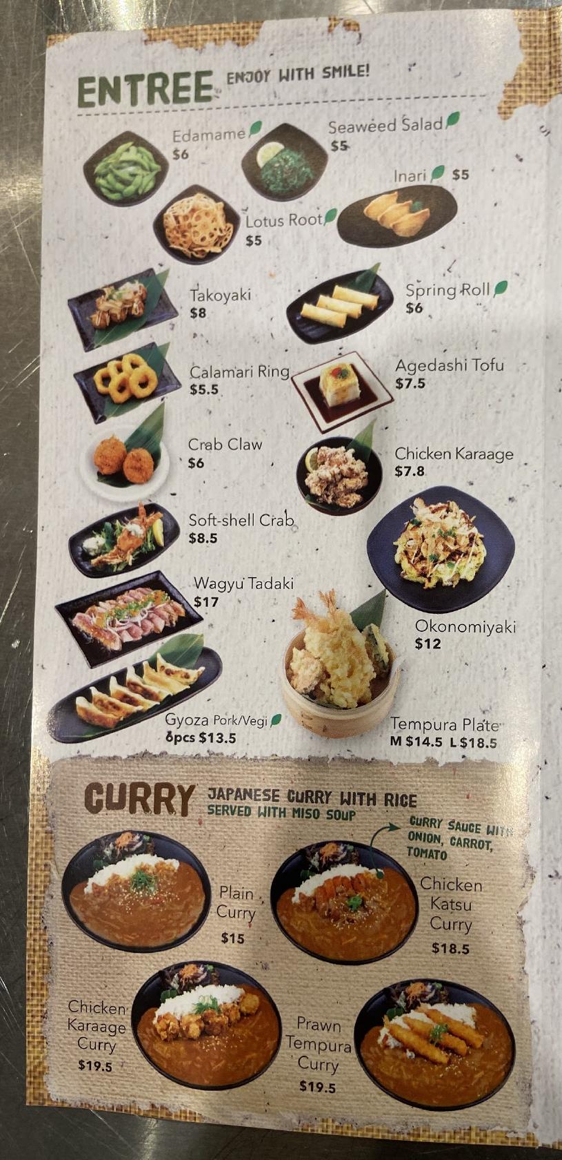 Menu at Mizumi restaurant, Toronto