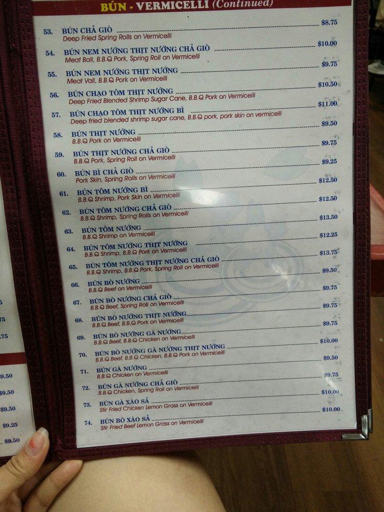 Menu at Pho Tien Thanh restaurant, Toronto