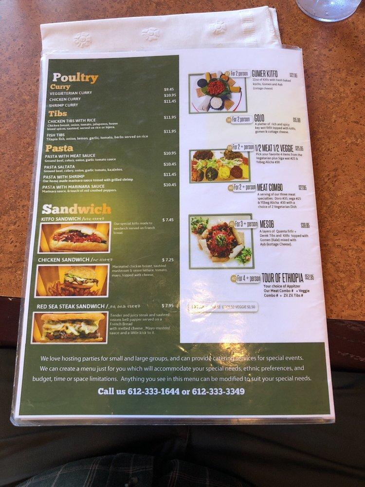 Menu at The Red Sea Ethiopian Restaurant, Minneapolis, 320 Cedar Ave South