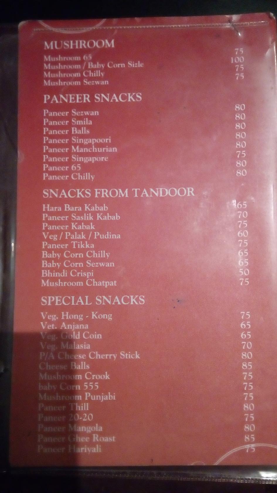 Menu at Spice Box, Toranagallu