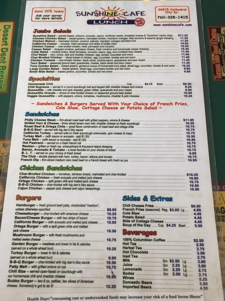 Menu at Sunshine Cafe, Cathedral City, Cathedral Canyon Dr