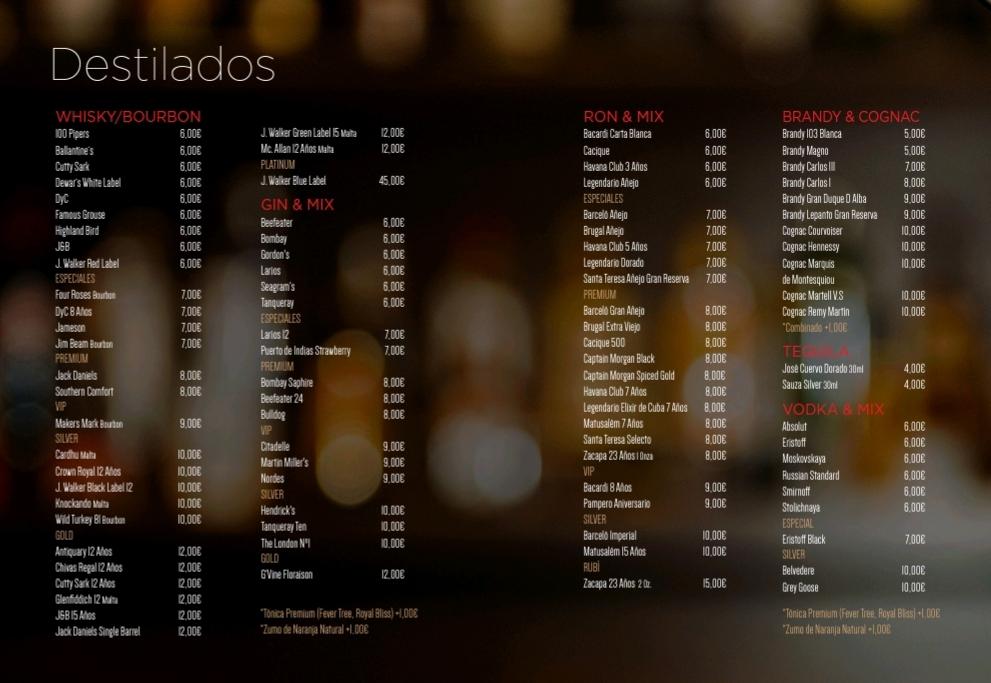 Menu at Van Gogh Pub, La Manga