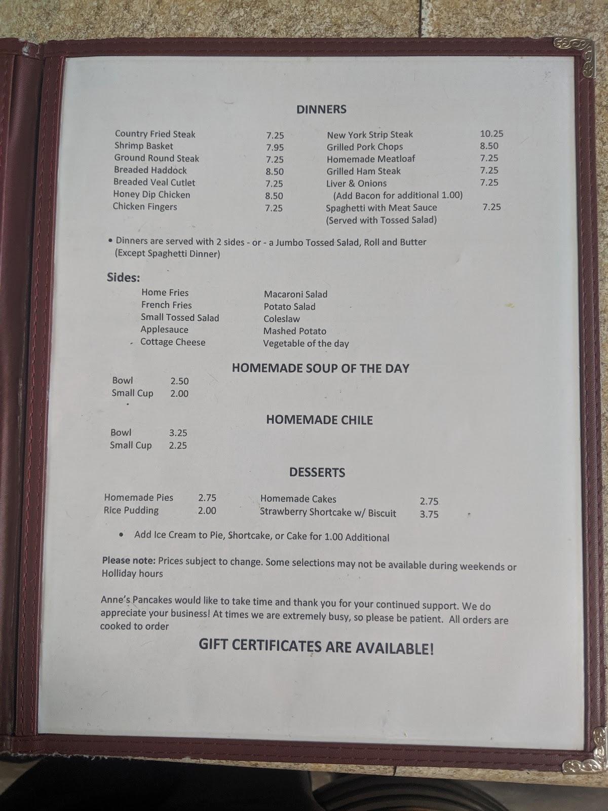 Menu at Anne's Pancakes restaurant, Elmira