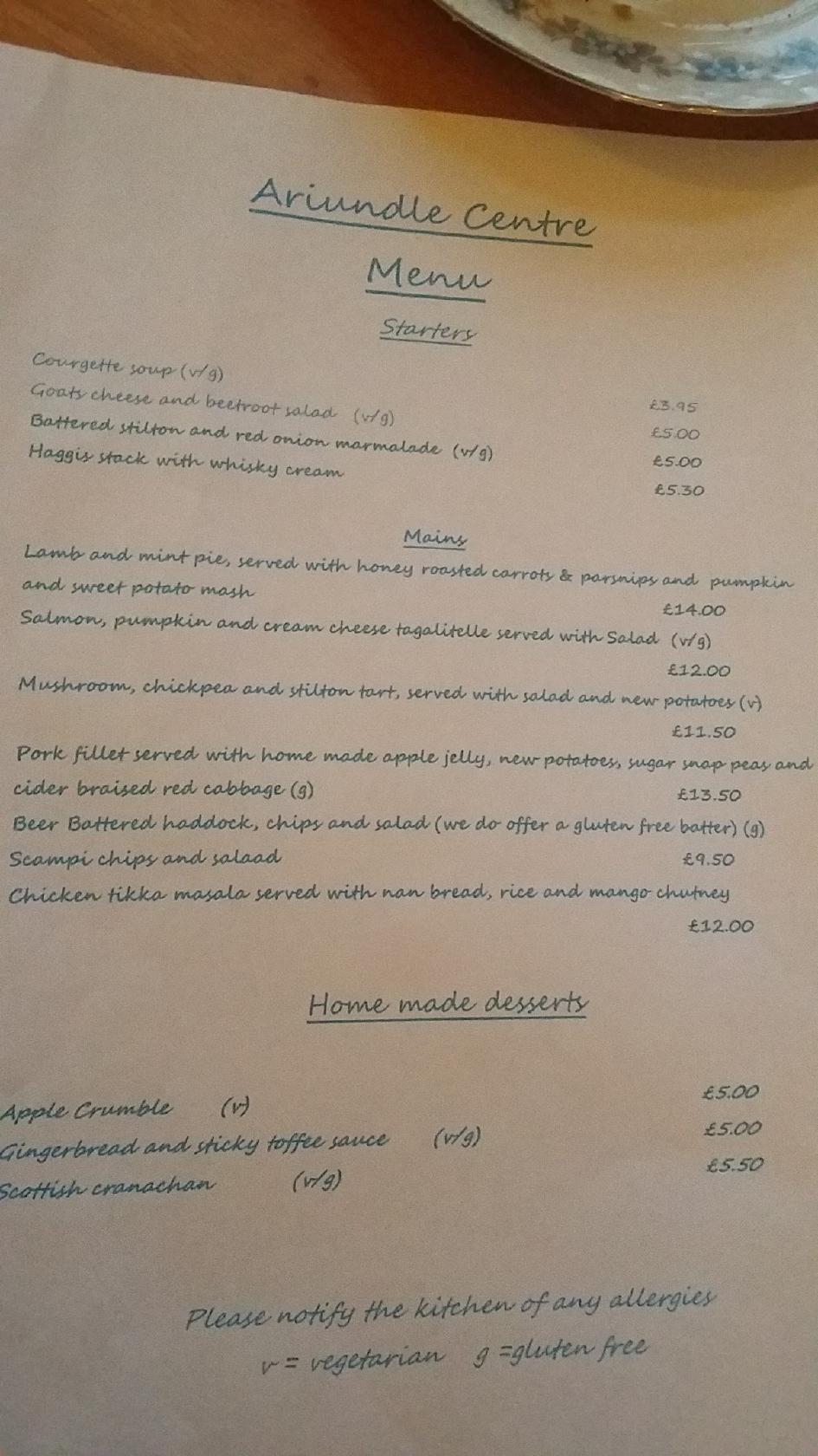 Menu at Ariundle Centre cafe, Strontian, Anaheilt