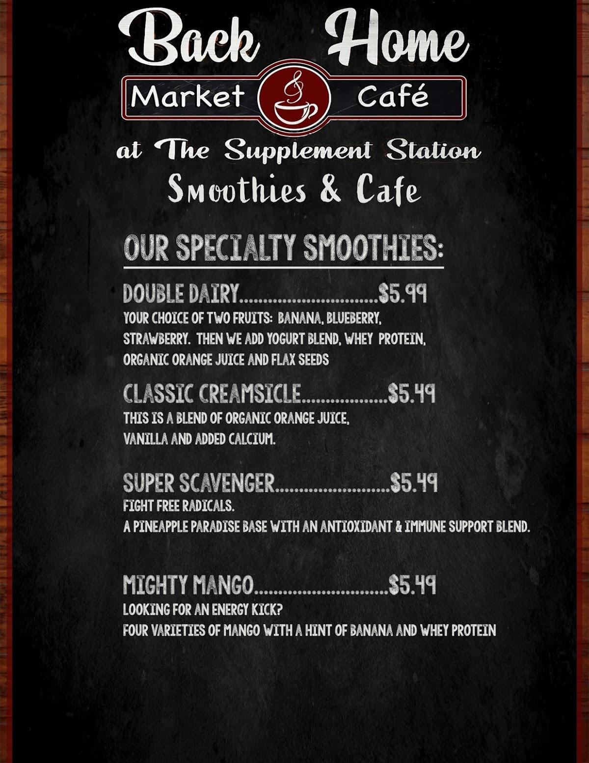 Menu at Back Home Market & Cafe at the Supplement Station, Salem